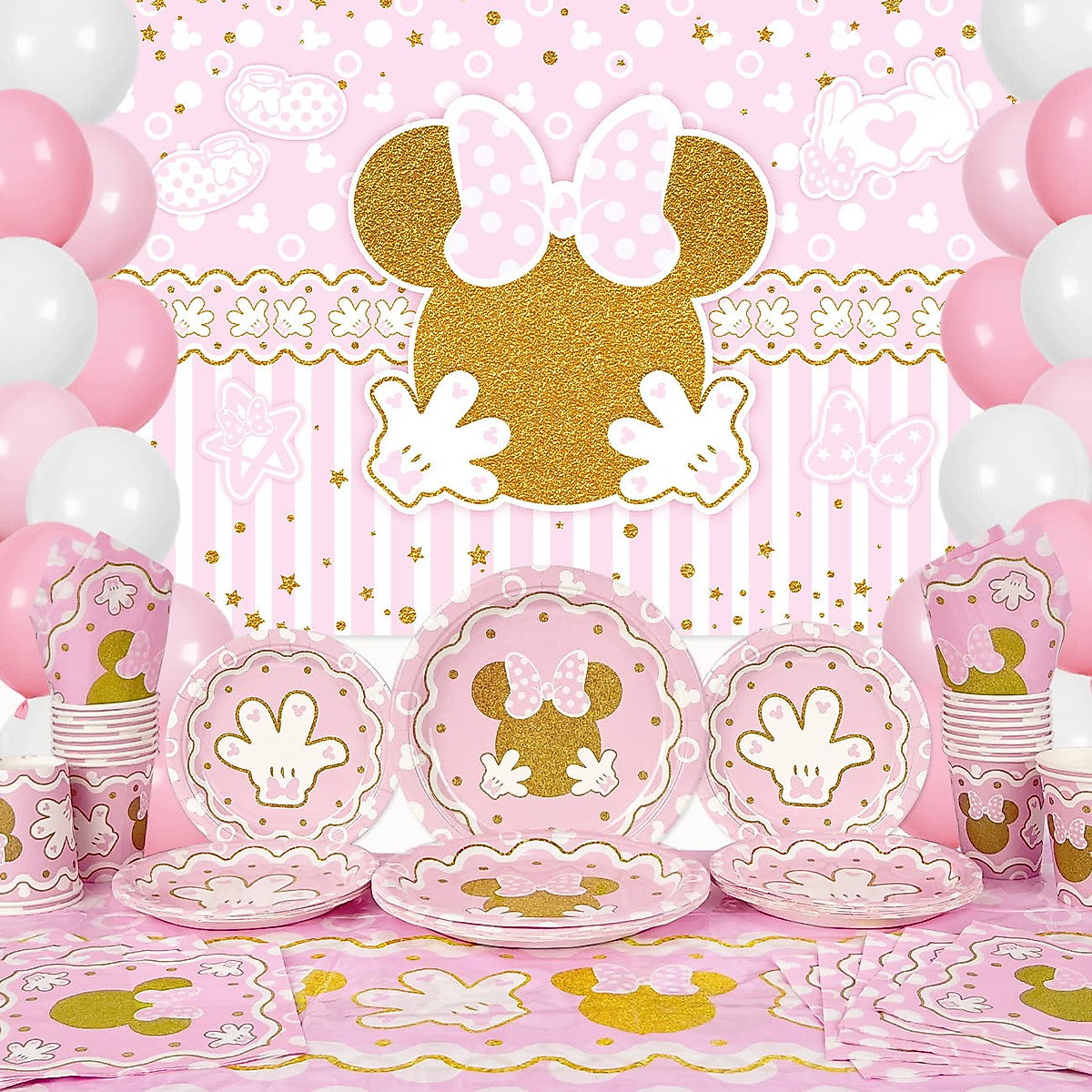 Haimimall Minnie Party Supplies Tableware Set Baby Shower Girl Minnie Theme Mouse Birthday Party Include Backdrop,Tablecloth,Plates,Napkins,Cups,Balloons Baby Shower Decorations Dinnerware Serve 20