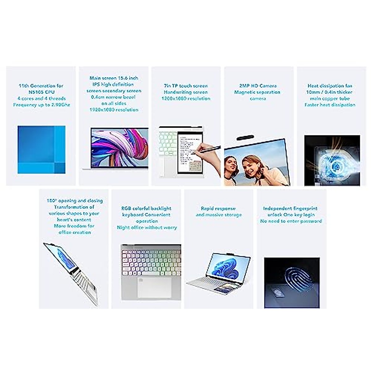 ASHATA for Win 11 Double Screen Laptop 15.6 inch, for Intel Celeron N5105 Quad Core Quad Processor Up to 2.9GHz 16G RAM Notebook with 7in IPS Screen, Backlight Keyboard (16GB+1TB)
