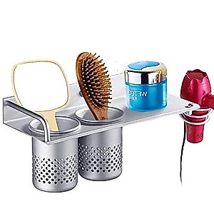 Hair Dryer Holder Wall Mount, Toothbrush Hairdryer Holder Organizer Storage Handing Rack, Upgrade Special Aluminum, Bathroom Hanging Rack Organizer with 2 Cups