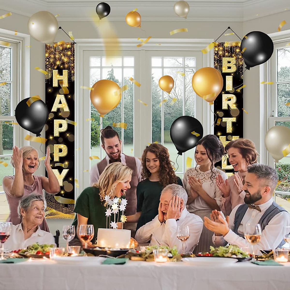 Happy Birthday Decorations Banner for Men Women Boys Girls, Black Gold Birthday Porch Sign Birthday Party Supplies Background for Birthday Party Favor Door Decorations, 72 x 12 Inch