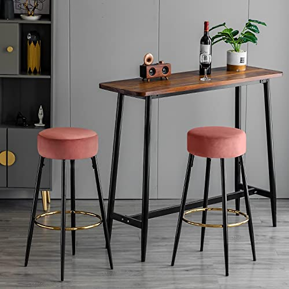 Fefances Pink Bar Stools Set of 2 Modern Round Velvet Bar Stools Kitchen Breakfast Round Dining Chair 30 inch Height