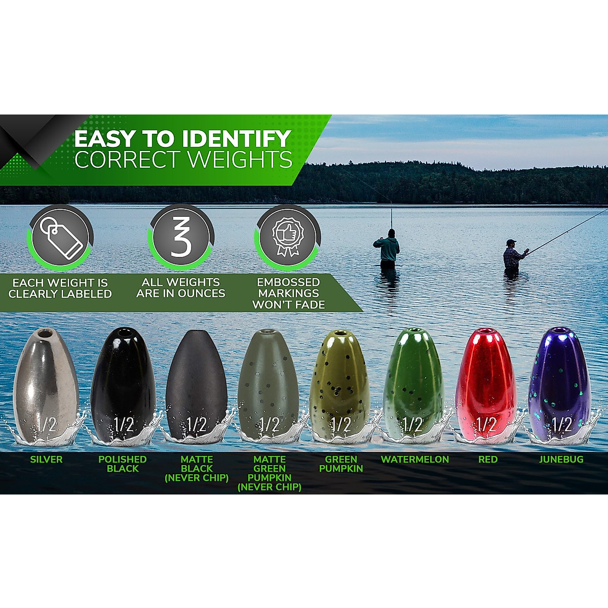 Reaction Tackle Tungsten Flipping Weights Sinkers - 3/8 Never Chip Green Pumpkin