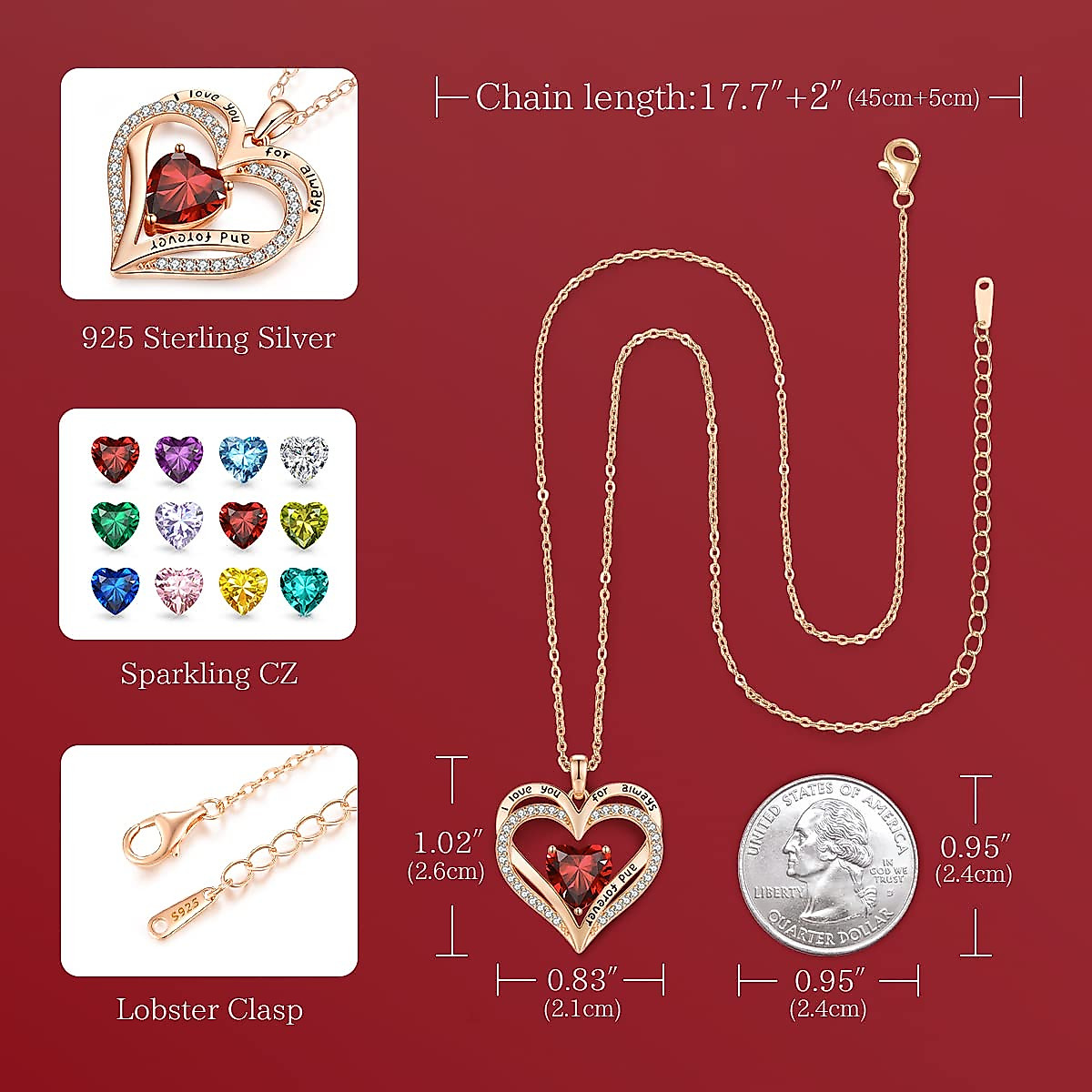 CDE Birthstone Necklaces for Women, 925 Sterling Silver Forever Love Heart Pendant Necklace, Christmas Birthday Anniversary Valentine's Day Jewelry Gift for Wife Mother Girlfriend Daughter Her