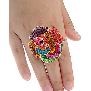 NYFASHION101 Women's Evening Gala Bridal Prom Wedding Stone Stud Rose Petal Fashion Stretch Ring, Multi/Gold-Tone