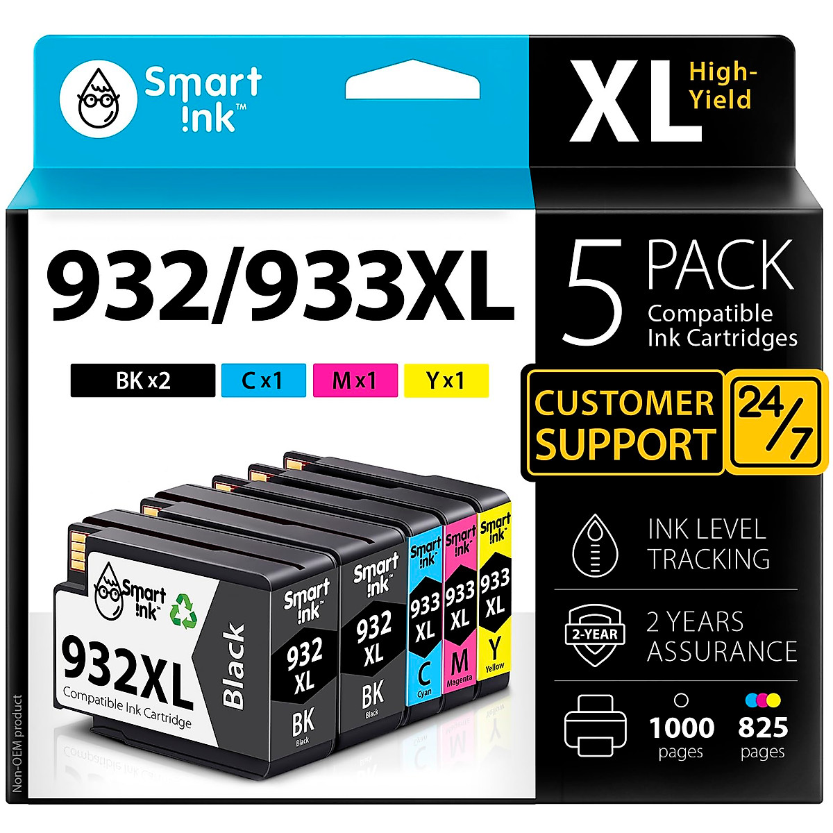 Smart Ink Compatible Ink Cartridge Replacement for HP 932XL 933XL 932 XL 933 (5 Pack Combo) to use with HP Officejet 6600 6100 6700 7510 7610 7612 7510 Printers (2 Black XL, Cyan, Magenta, Yellow)