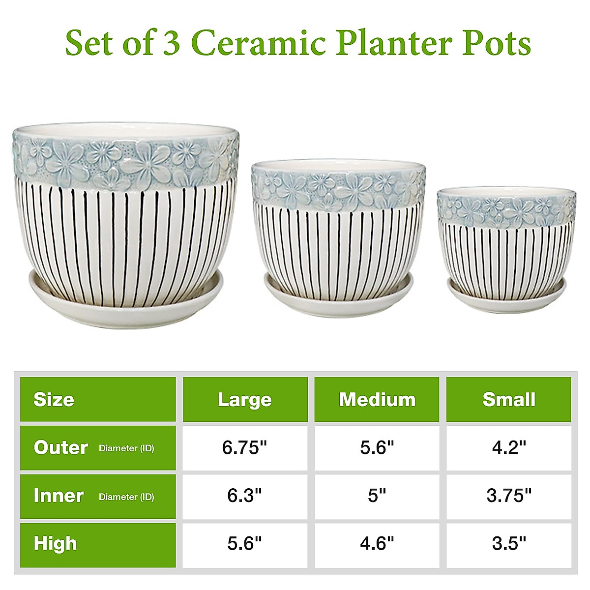 Hlukana Ceramic Plant Pots Set of 3, 6.75/5.6/4.2 inch Planters with Drainage Holes and Saucer, Flower Pots Outdoor Indoor, Modern Decorative Planters for House Plants Garden Planters Succulent Pots