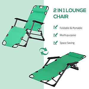 Outsunny Folding Chaise Lounge Chair for Outside, 2-in-1 Tanning Chair with Pillow & Pocket, Adjustable Pool Chair for Beach, Patio, Lawn, Deck, Green