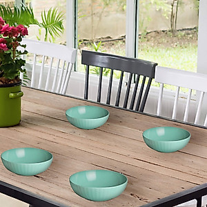 Trina Turk Melamine Set of 4 Bowls-Unbreakable, Lightweight Indoor & Outdoor Dinnerware Set for Home Entertaining, Barbecues, Picnics, Parties & Camping-BPA-Free, Weave Aqua Blue