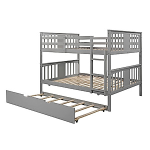 Harper & Bright Designs Full Over Full Bunk Bed with Trundle, Solid Wood Bunk Bed with Ladder for Bedroom, Guest Room Furniture – Gray