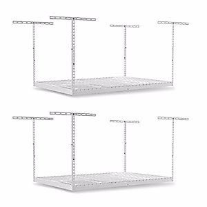MonsterRax Overhead Garage Storage Rack- 4 x 8 Ceiling Rack for Garage Shelving, Organization, & Storage, Adjustable Hanging Storage for Bikes, Equipment & Accessories (White, 24"-45", 2-Pack).