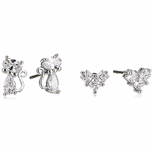 Betsey Johnson CZ Stone Delicate Cat & Bow Duo Stud Earrings Set