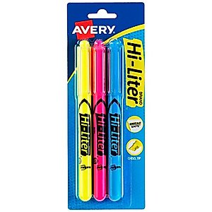 Avery Hi-Liter Pen-Style Highlighters, Smear Safe Ink, Chisel Tip, 3 Assorted Color Highlighters (25860)