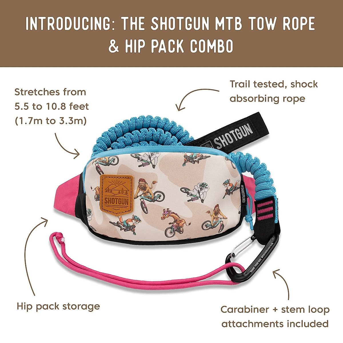SHOTGUN Kids Ride MTB Tow Rope + Child Hip Pack Combo | Child Bike Stretch Bungee Cord Pull Behind Attachment - Hip Pack Combo