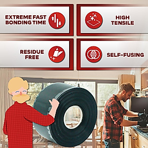 XFasten Self Fusing Silicone Tape Black 1" X 36-Foot, Silicone Tape for Plumbing, Leak Seal Tape Waterproof, Silicone Grip Tape, Rubber Tape Thick for Pipe, Hose Repair Tape, Stop Leak Tape