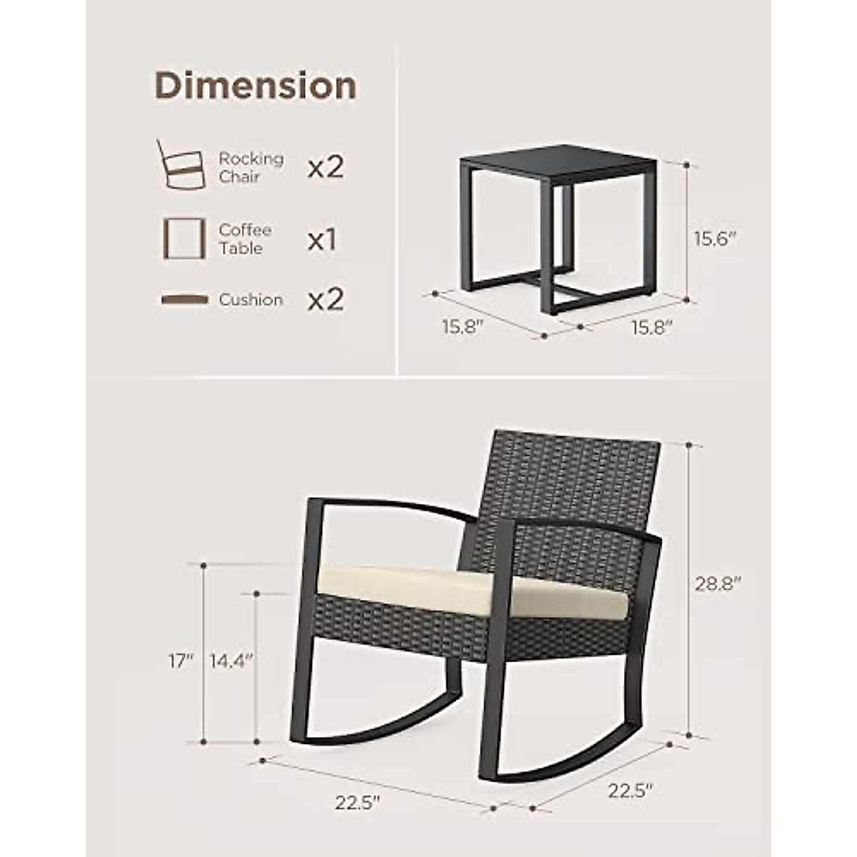 Aiho 3 Pieces Patio Furniture Set, Outdoor Wicker Bistro Rocking Chair Sets with Cushion, Porch Furniture Set with Glass Table, Modern Rattan Conversation Sets for Porches and Balcony, Beige Cushion