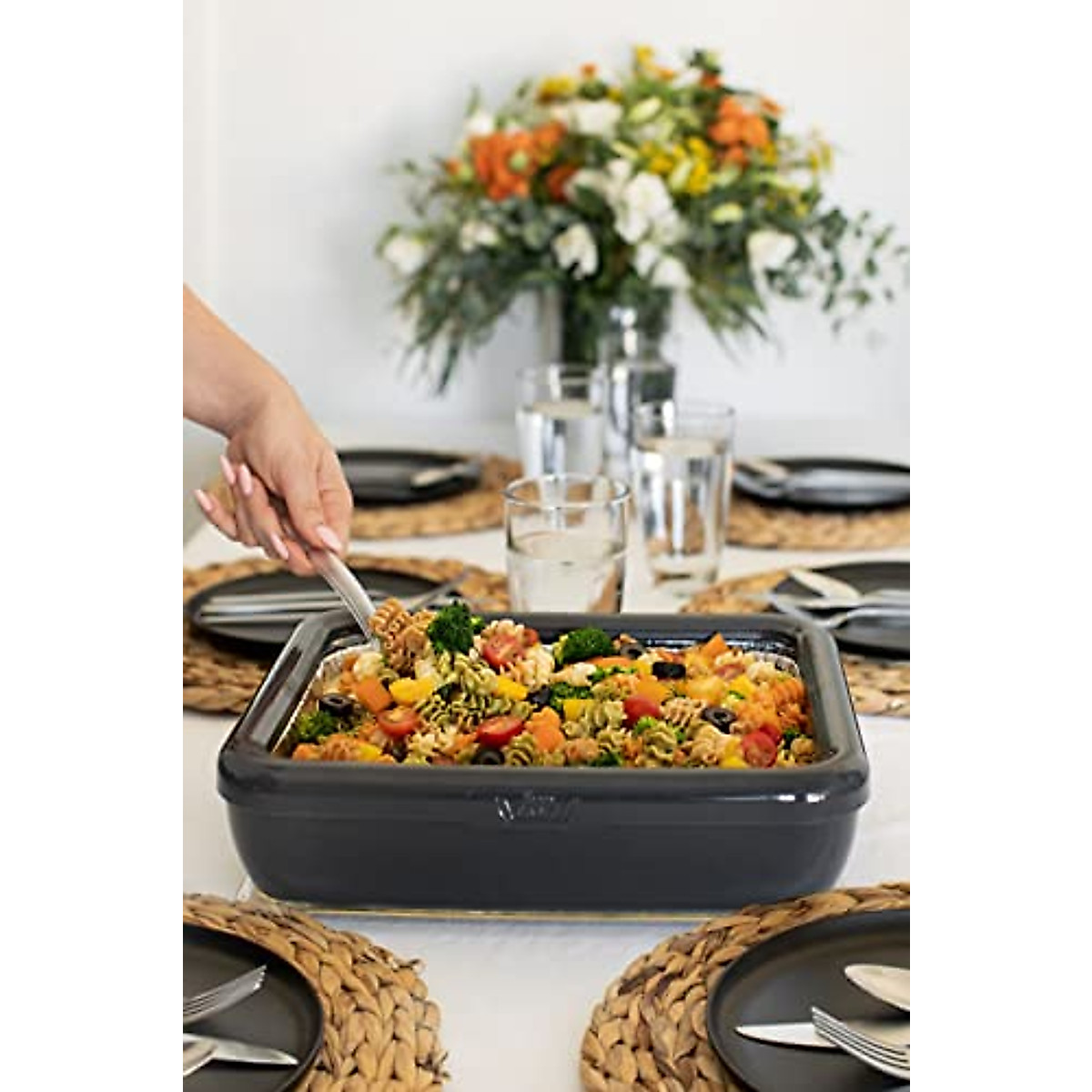 Fancy Panz Classic, Dress Up & Protect Your Pan, Made in USA, Fits Half Size Foil Pans & Serving Spoon Included. Hot or Cold Food. Stackable for easy travel. (Charcoal), (FPD03)