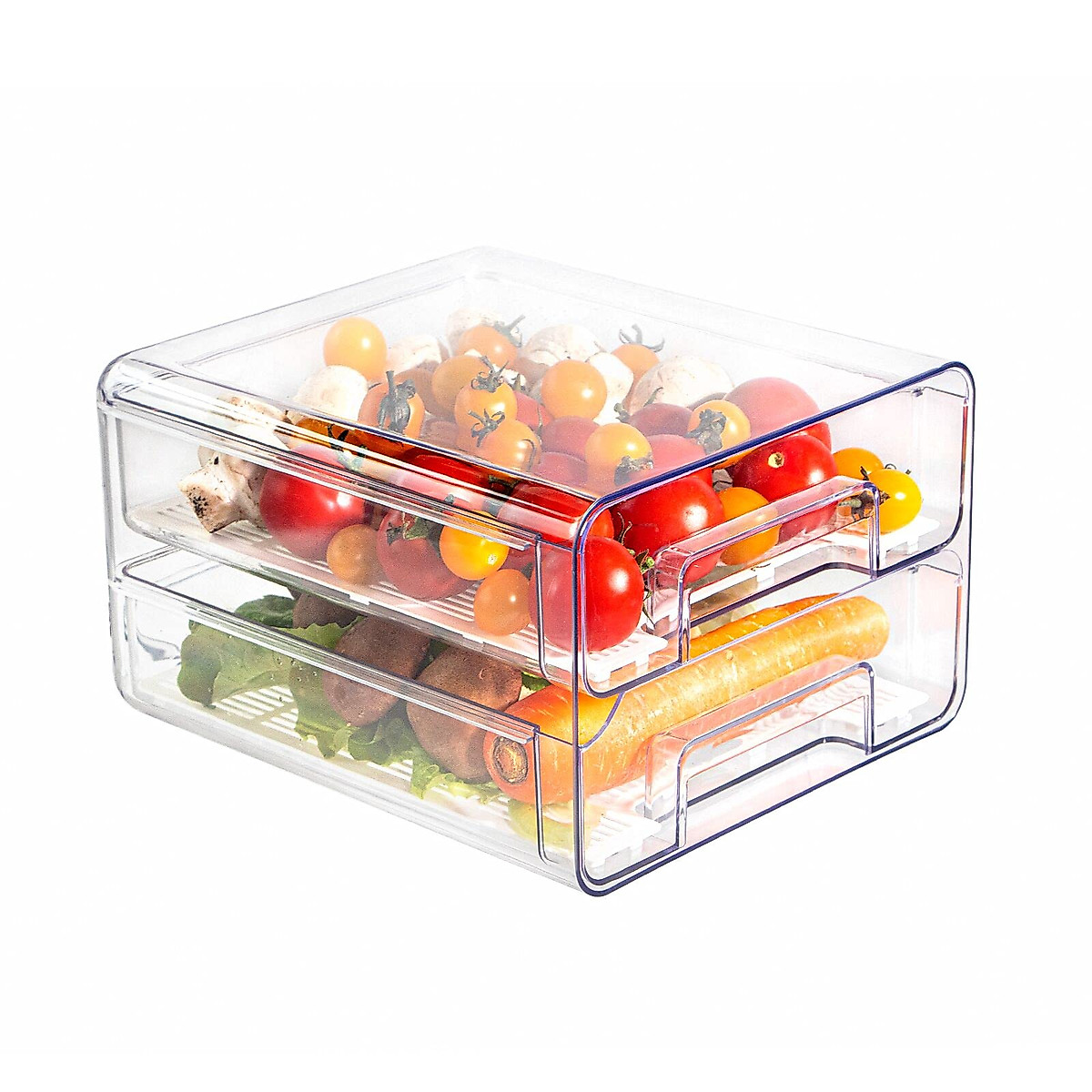 BigTron Food Storage Double Layer Container with Lids Removable Drain Tray for Refrigerator, Food Fruit Vegetables,fridge organizer Stackable Meal Fresh Keeper Bins Clear