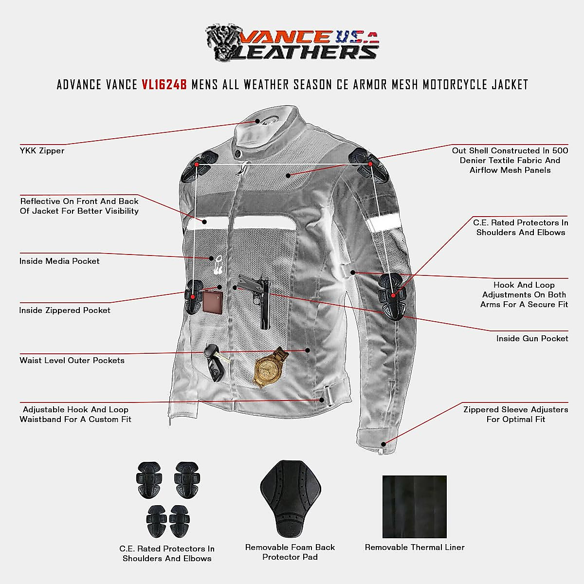 Vance Leather Revo Mens Black Advanced All-Season Reflective Mesh & Textile Motorcycle Jacket w/CE Armor & Removable Liner (Black, Large)