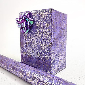 LDGOOAEL Mini Short Small Wrapping Paper Roll - Reversible Design (17" X 120") - Purple Rose with Metallic Gold Foil for Holiday, Mothers Day, Birthday, Wedding, Baby Shower
