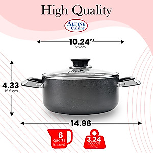 Alpine Cuisine 6 Quart Non-stick Stock Pot with Tempered Glass Lid and Carrying Handles, Multi-Purpose Cookware Aluminum Dutch Oven for Braising, Boiling, Stewing