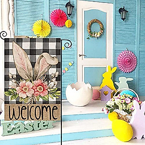 Welcome Easter Garden Flag for Outdoor 12x18 Double Sided,Buffalo Plaid Bunny Ears with Flowers Small Yard Flag,Seasonal Decors for Spring Outside Farmhouse Holiday