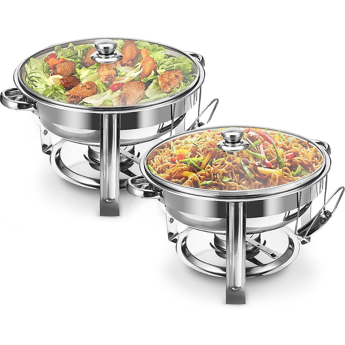 ALPHA LIVING 70012-R Dish Set of 2 – Complete Stainless Steel Chaffe Set with Glass Lids, Chafing Fuel Holder – Elegant and Practical Warmer Trays for Buffet, Wedding, Catering Supplies