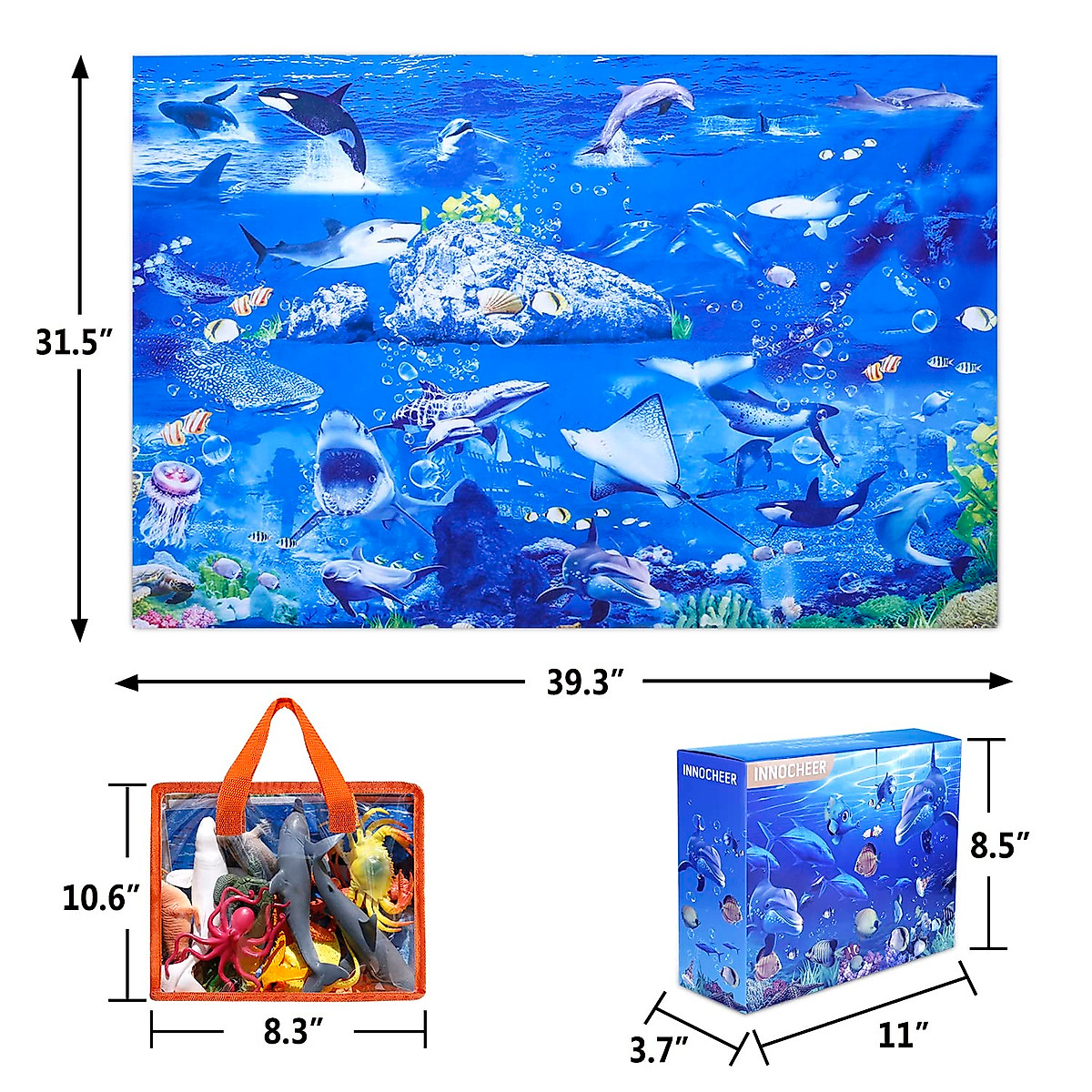 INNOCHEER Kids Ocean Animals Toys, Sea Animals Toys for Kids,18 Pack Ocean Toys for Kids Toddlers Boys Girls Age 3-8-12, Sea Creatures Toys Set for Kids with PlayMat Including Shark, Whale, Dolphin