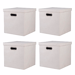 ArcaGuru Storage Bins with Lids, Collapsible Linen Fabric Boxes Organizer Containers with Lid Foldable Storage Box Basket for Closet, Shelves, Home, Office, 12 x 12 x 12 Inch, 4 Pack, Beige