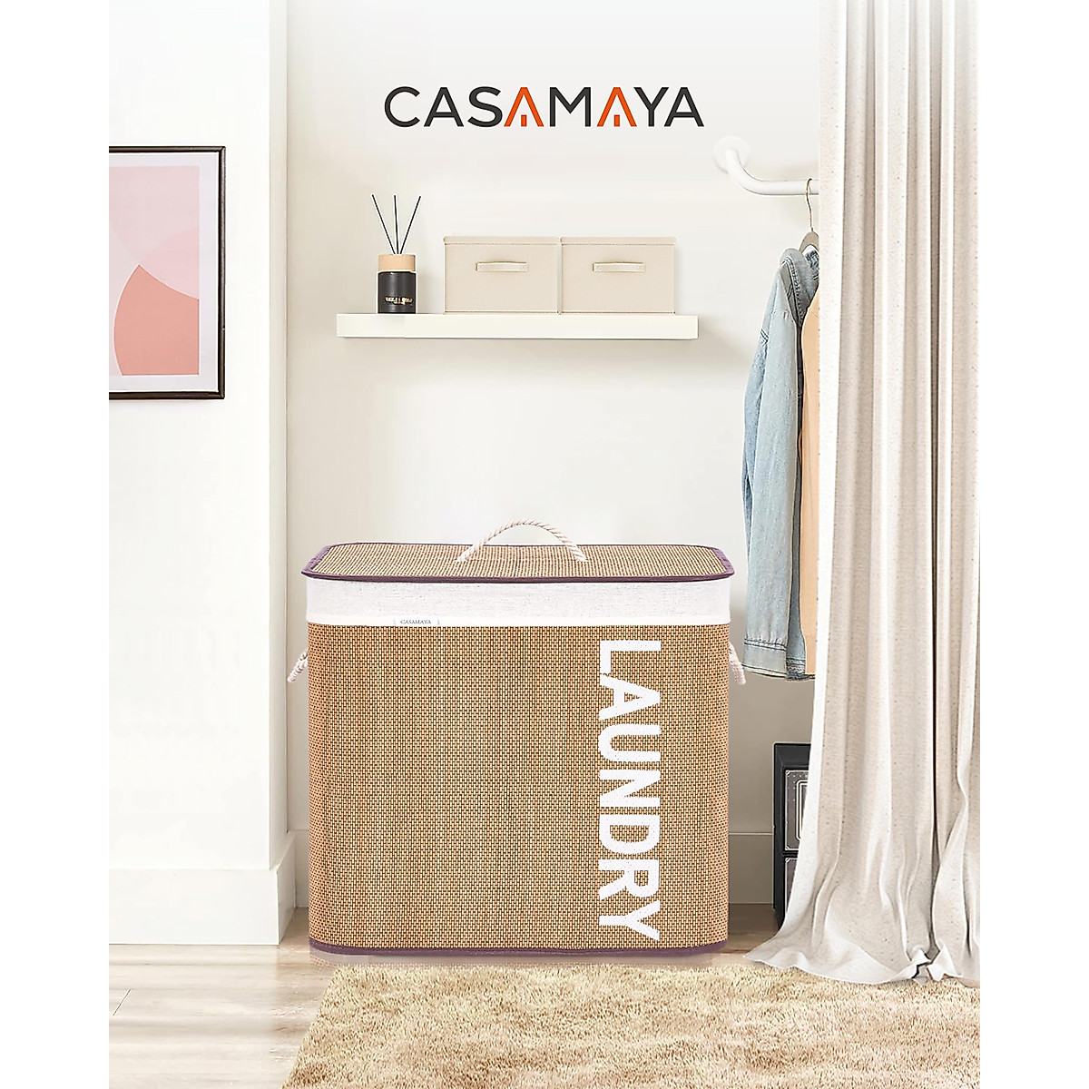 CASAMAYA Laundry Basket, 33.6 Gal (127L) Bamboo Laundry Hamper with 2 Section, Hamper with lid, Foldable, Removable and Machine Washable Liner, for Laundry Room, Bedroom, Natural LHB127Y01