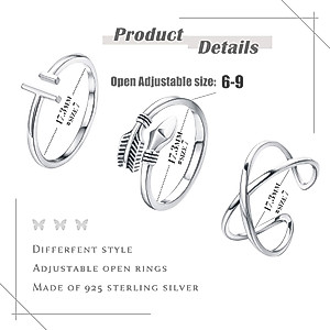 FIASASO 3PCS 925 Sterling Silver Open Adjustable Rings for Women Men Minimalist X Cross Arrow Stackable Rings Set Size 6-9 silver