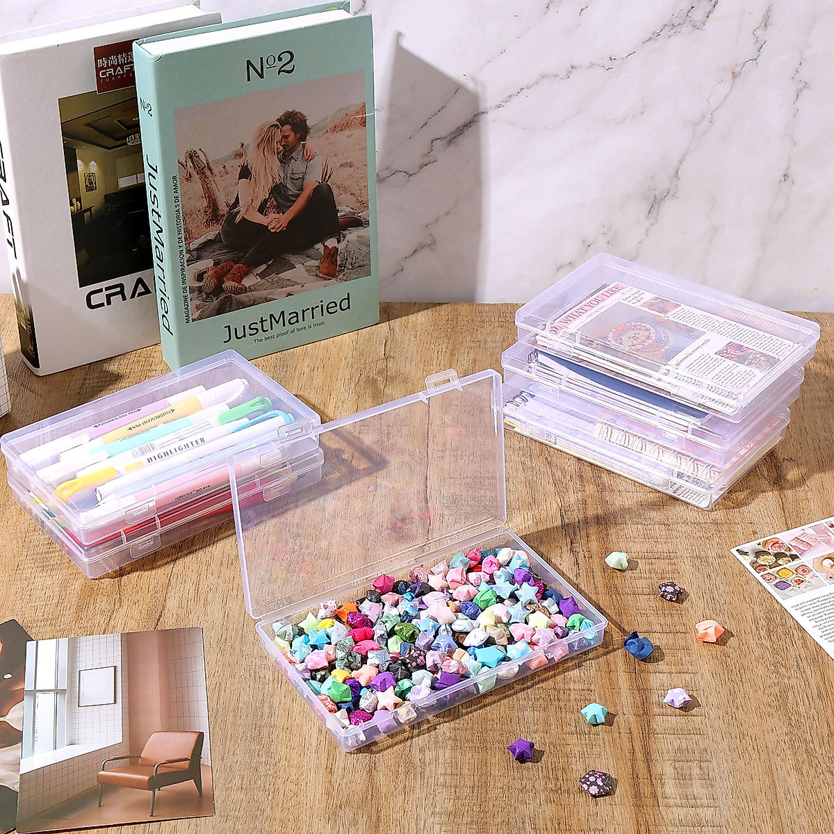 Lemecima 6 Pack Rectangular Clear Plastic Storage Containers Box with Hinged Lid for Beads and Other Small Craft Items (6.9 x 4.2 x 1 inch)