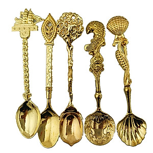 Vintage Demitasse Spoon Metal Carved Coffee Spoons Set of 5 (Color Gold)