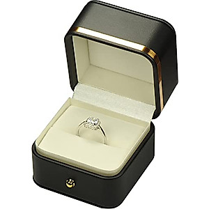 Ring Box for Wedding Proposal Engagement for Men Women Luxury Soft Touch Premium Black Color PU Leather Ring Jewelry Gift Holder Box with Elegant Gold Trim and Gold Button Design Ring Gift Box