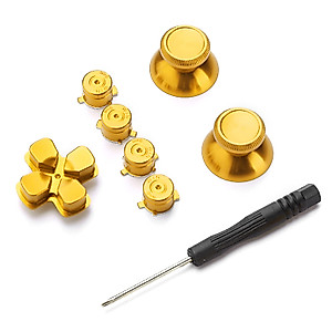Metal Aluminium Alloy Buttons Set for PS4 Controller, ABXY Bullet Buttons + Thumbsticks Analog Thumb Grip + Chrome D pad for PS4, Joystick Replacement for PS4 Gamepad (Golden)