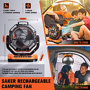 Saker Rechargeable Camping Fan-40000mAh Battery Powered Tent Fans with LED Lantern,Hanging Hook,Auto-Oscillating,Quiet Portable Ceiling Table Fan for Car Travel RV Camp Hurricane Emergency