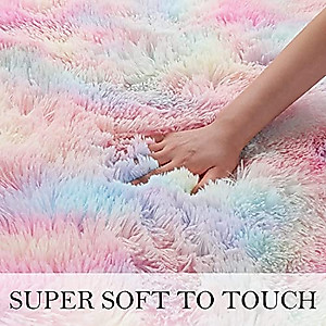 Rukman Super Soft Colorful Furry Indoor Modern Plush Area Rugs 5x8 Feet Fluffy Furry Living Room Carpets for Home Decor Children Bedroom Washable Non - Slip (Non - Skid) Nursery Rug Rainbow Color