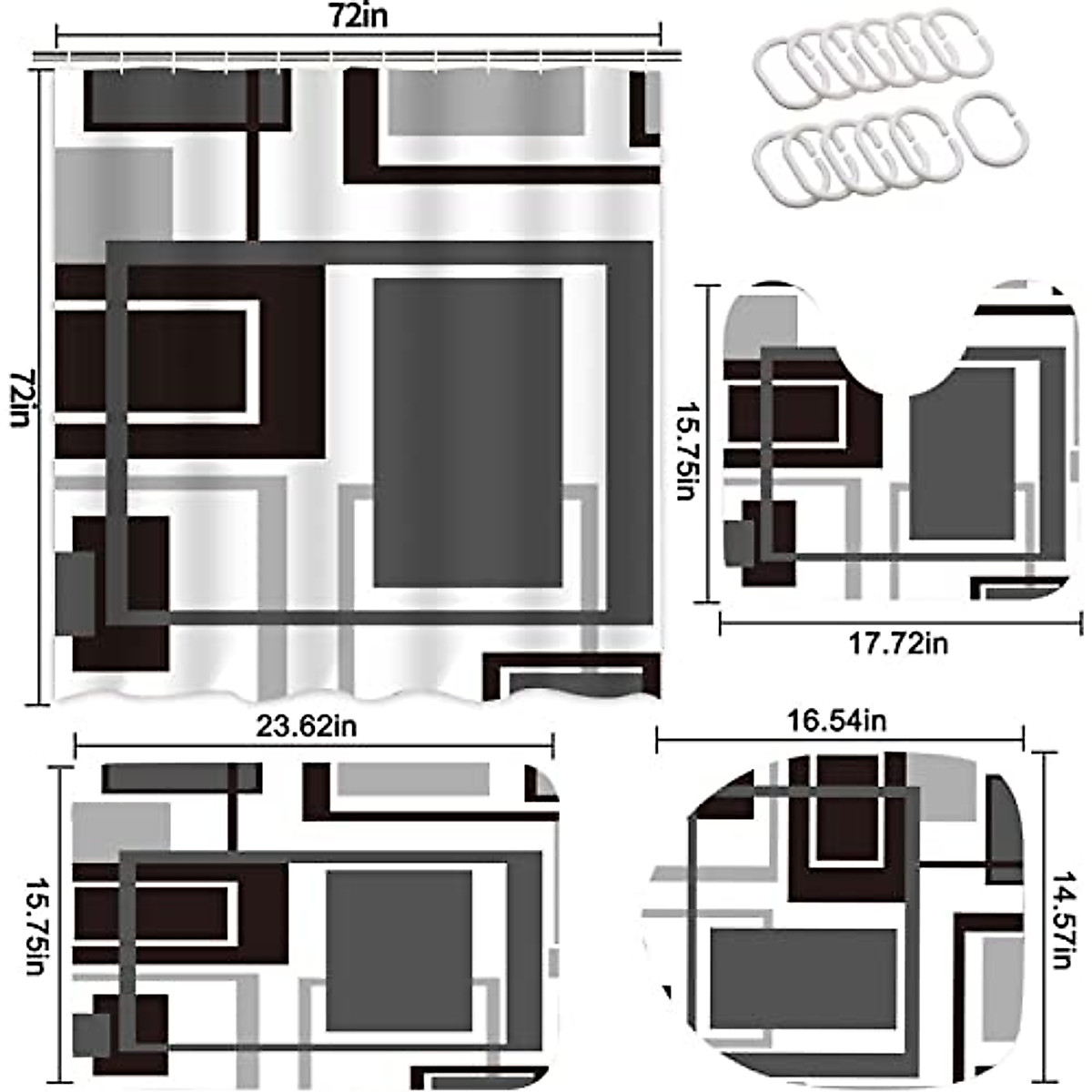 KINUUIS 4PC Dark Grey Bathroom Shower Curtain Sets Modern Minimalist Art Bathroom Sets Light Gray and Black Bathroom Sets with Rugs and Accessories Geometric Shower Curtain for Bathroom Decoration