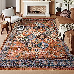 Moynesa Moroccan 8x10 Area Rug, Washable Rugs for Living Room, Bohemian Soft Large Bedroom Rug, Non Shedding Low Pile Floor Carpet for Dining Room Office Decor, Rust
