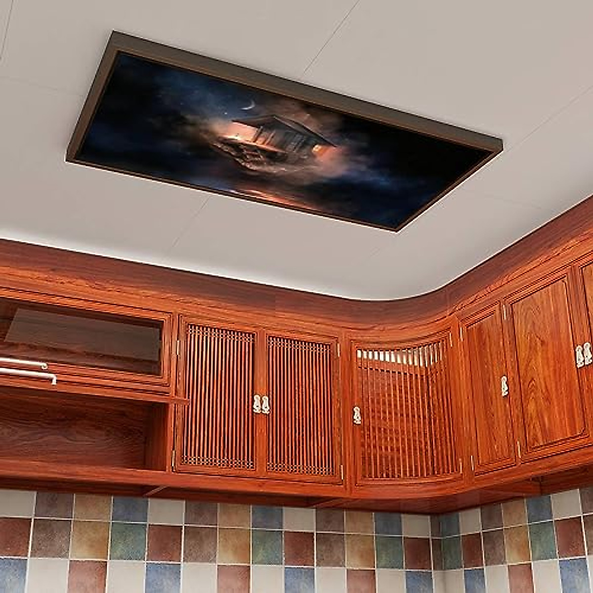 Decorative Fluorescent Light Covers for ceiling lights Night fantasy landscape island stones water wooden fantasy house water light covers for ceiling lights classroom Office Home Decor 4 x 2 ft