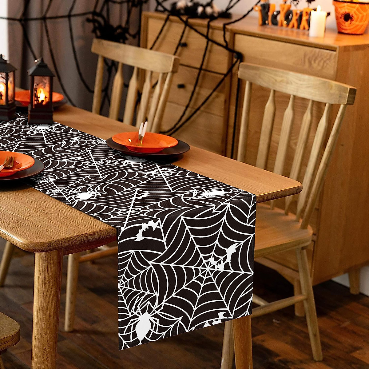 Halloween Table Runner Spider Web Table Runner Black Halloween Table Decorations Halloween Kitchen Decor Spiderweb Table Runner for Seasonal Holidays, Scary Movie Nights Decorations- 13x72 Inch