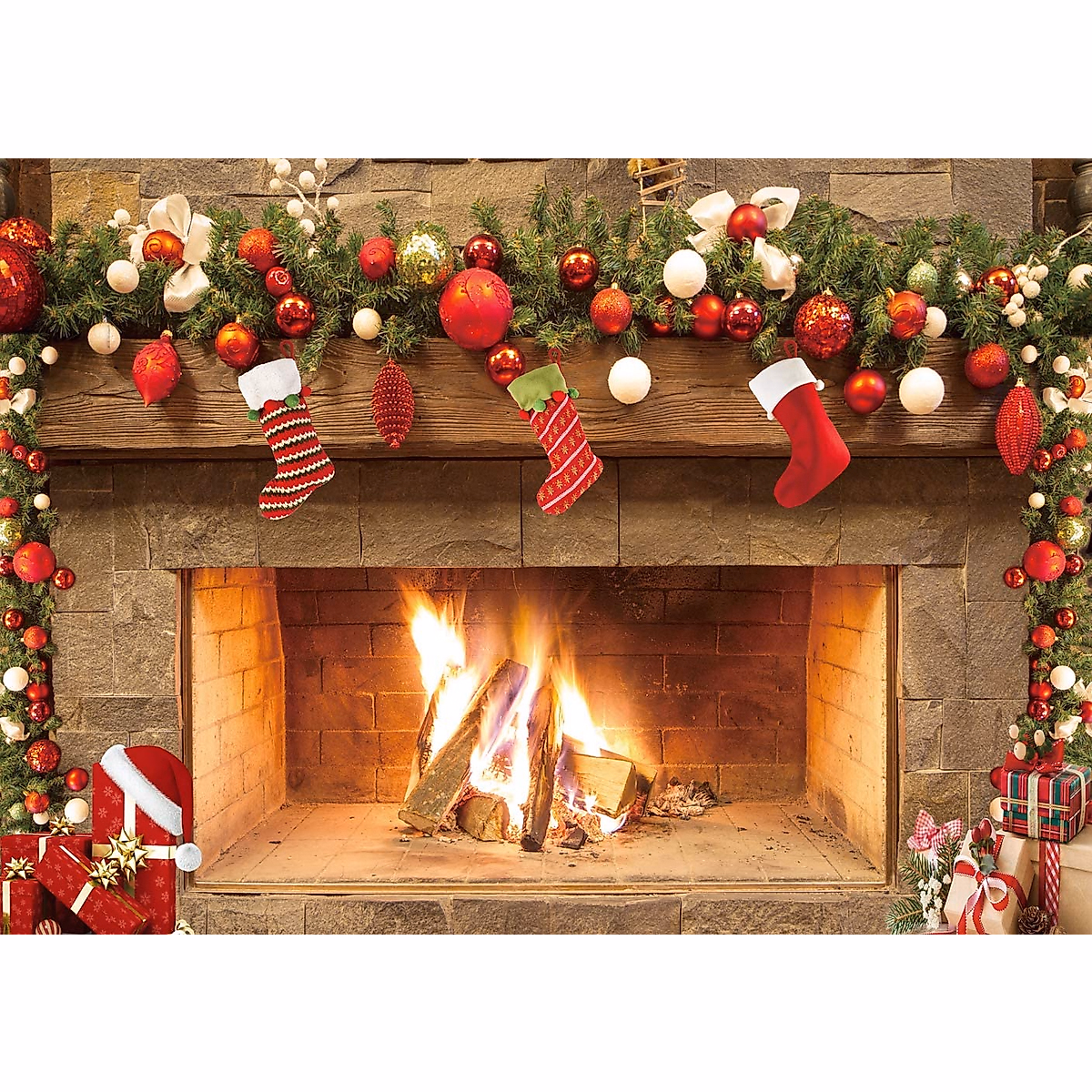 LTLYH 5x3ft Christmas Fireplace Theme Backdrop Merry Christmas Eve Photo Studio Backdrop Christmas Trees Xmas Gifts Backgrounds for Photography 109……