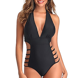 Tempt Me Women One Piece Swimsuits Sexy Cutout Bathing Suits Plunge Halter Swimwear Deep V Neck Monokini L Black
