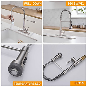 Hoimpro Brushed Nickel Single Handle Kitchen Faucet with Pull Down Sprayer, 2-Function, 360-degree Rotation, Brass, Single or 3 Hole