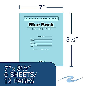Roaring Spring Test Blue Exam Book, Wide Ruled with Margin, 50 Pack, 8.5" x 7" 6 Sheets/12 Pages, Blue Cover