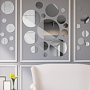28 Pcs Real Glass Round Mirror Tiles Frameless Round Wall Mirrors Glass Mirror Tiles Round Wall-Mount Mirrors with Acrylic Double Sided Adhesive for Bedroom Bathroom Craft Decor (2/3/4/6/8/10 Inches)