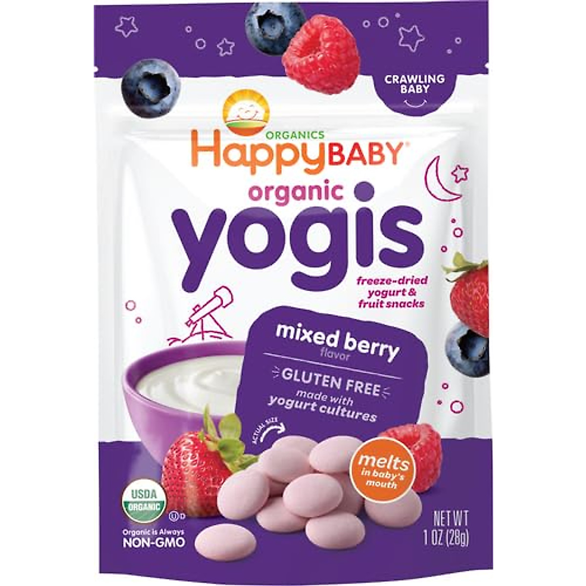 Happy Baby Organics Baby Snacks, Yogis, Freeze Dried Yogurt & Fruit Snacks, Gluten Free Snack for Babies 9+ Months, Mixed Berry, 1 Ounce (Pack of 1)