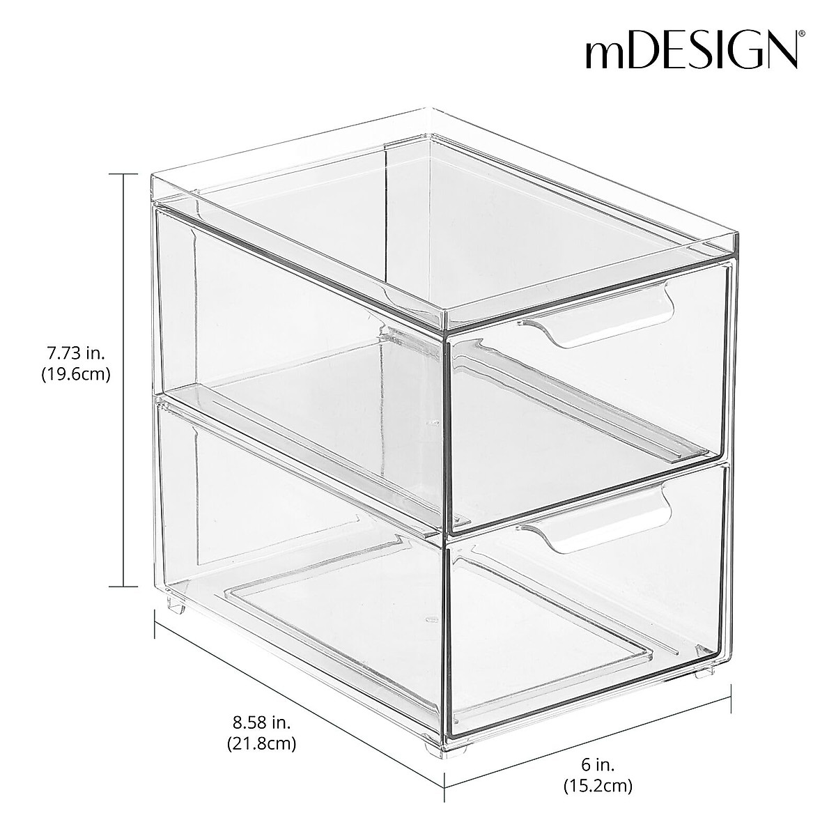 mDesign Stackable Storage Containers Box with 2 Pull-Out Drawers - Stacking Plastic Drawer Bins for Closet Organization, Linen, Coat, Bedroom or Entryway Closets - Lumiere Collection - 2 Pack - Clear