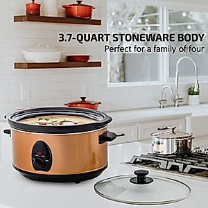 OVENTE Electric Slow Cooker with 3.7 Qt Ceramic Pot and 3 Cooking Settings, Dishwasher-Safe Stoneware, Tempered Glass Lid, Portable Multicooker Perfect for Soups Sauces Stews & Dips, Copper SLO35ACO1