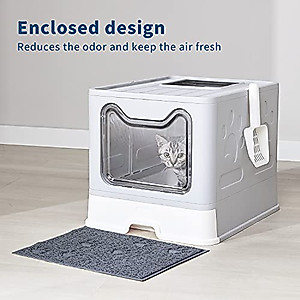 Medario Cat Litter Box with Cat Litter Mat and Scoop, Large Foldable Litter Box with Lid, Front Entry Top Exit Kitty Litter Box, Odor Control Easy Clean (Grey)