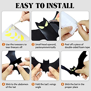 132 Pcs Halloween Bats Wall Decor with Glow in The Dark Eyes, Large Halloween 3D Bats Stickers Black Bats Decals Decorations Indoor, PVC Bats for Halloween Party